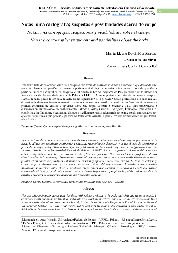 (PDF) Notas: uma cartografia; suspeitas e possibilidades acerca do corpo