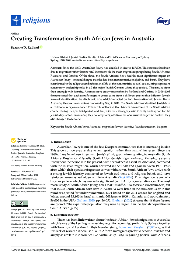 (PDF) Creating Transformation: South African Jews in Australia