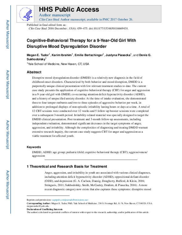 (PDF) Cognitive-Behavioral Therapy for a 9-Year-Old Girl With Disruptive Mood Dysregulation Disorder