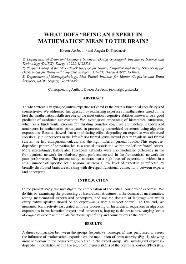 (PDF) Expertise Effects on Brain Function in Mathematics Learning