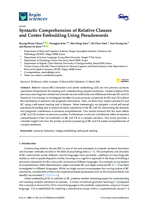 (PDF) Syntactic Comprehension of Relative Clauses and Center Embedding Using Pseudowords