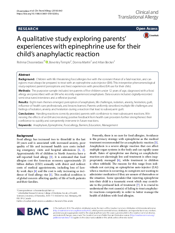 (PDF) A qualitative study exploring parents’ experiences with epinephrine use for their child’s ...