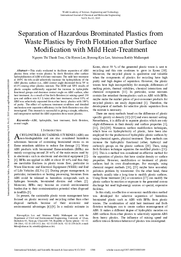 (PDF) Separation Of Hazardous Brominated Plastics From Waste Plastics ...