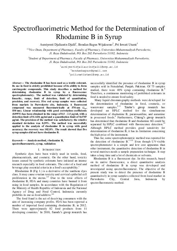 Pdf Spectrofluorimetric Method For The Determination Of Rhodamine B In Syrup