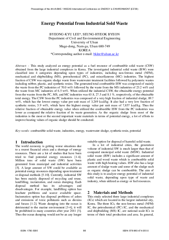 (PDF) Energy potential from industrial sold waste