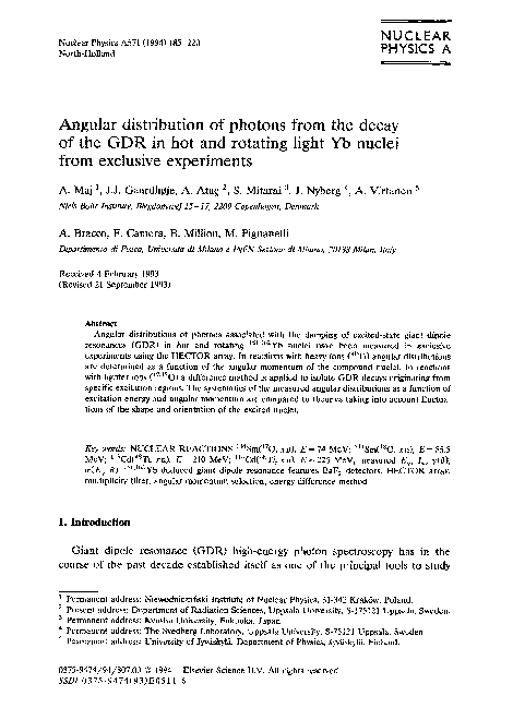 (PDF) Angular distribution of photons from the delay of the GDR in hot and rotating light Yb ...