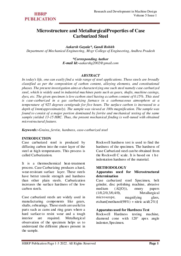(PDF) Microstructure and Metallurgical Properties of Case Carburized Steel