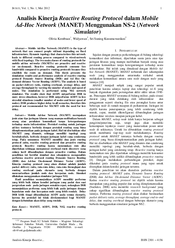 Pdf Analisis Kinerja Reactive Routing Protocol Dalam Mobile Ad Hoc Network Manet Menggunakan