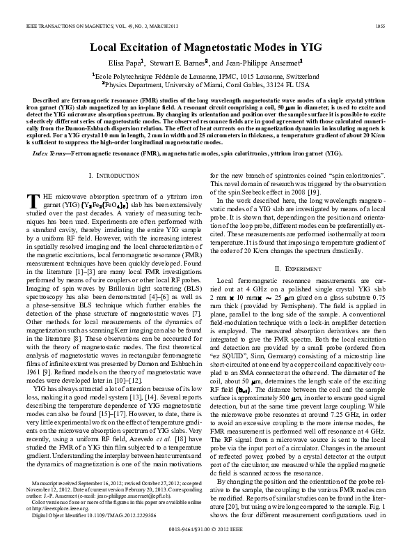 (PDF) Local Excitation of Magnetostatic Modes in YIG | Elisa Elisa papa ...