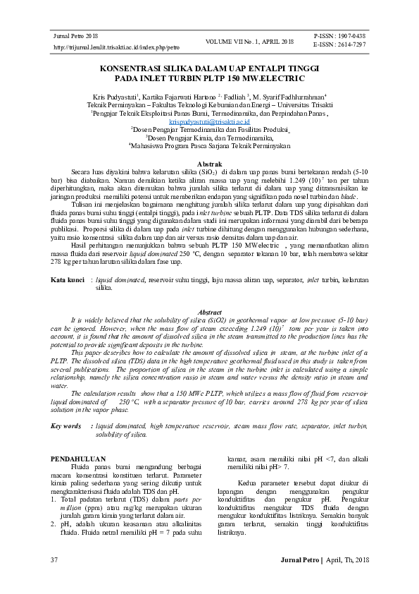 (DOC) Konsentrasi Silika Dalam Uap Entalpi Tinggi Pada Inlet Turbin ...