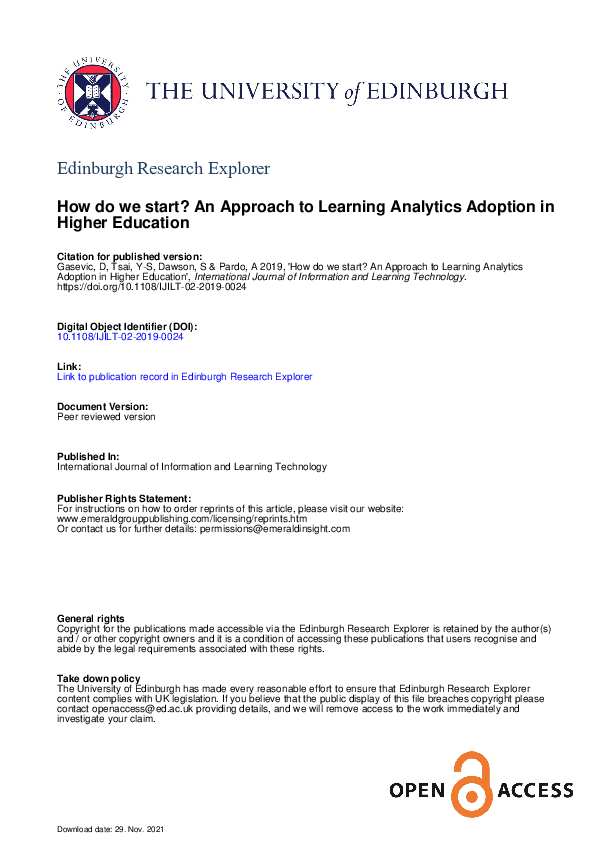 (PDF) How do we start? An approach to learning analytics adoption in higher education