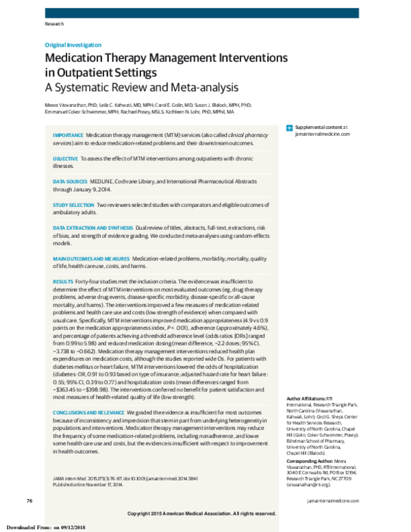 (PDF) Medication Therapy Management Interventions in Outpatient Settings