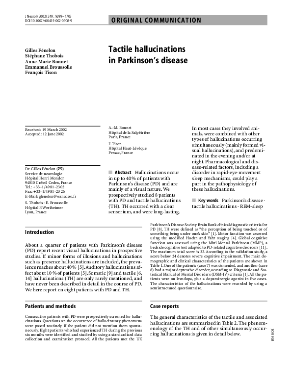 (PDF) Tactile hallucinations in Parkinson's disease | Gilles Fénelon ...