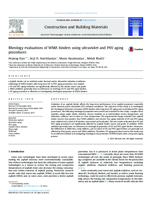 (PDF) Rheology evaluations of WMA binders using ultraviolet and PAV ...