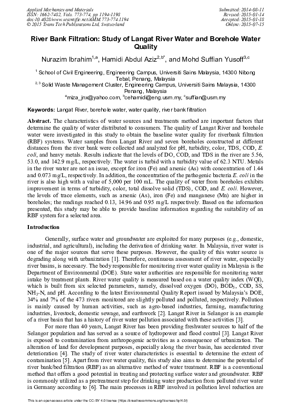(PDF) River Bank Filtration: Study of Langat River Water and Borehole ...