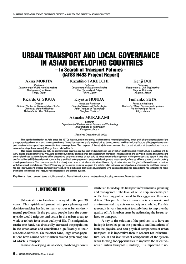(PDF) Urban Transport and Local Governance in Asian Developing Countries