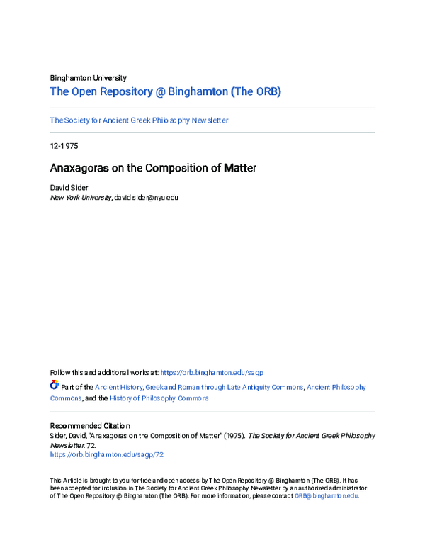(PDF) Anaxagoras on the Composition of Matter | David Sider - Academia.edu