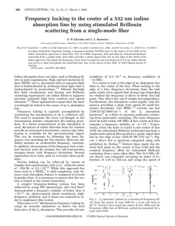(PDF) Frequency locking to the center of a 532 nm iodine absorption ...