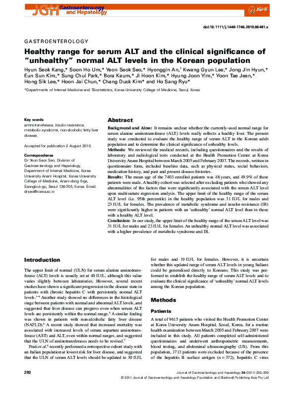 (PDF) Healthy range for serum ALT and the clinical significance of ...