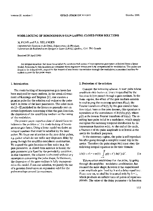(PDF) Mode-locking of homogeneous gain lasers; Closed form solutions | Pierre-andre Belanger ...