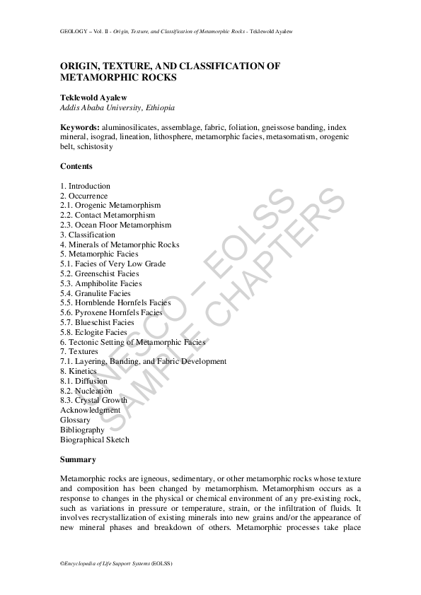 (PDF) Origin , Texture , and Classification of Metamorphic Rocks