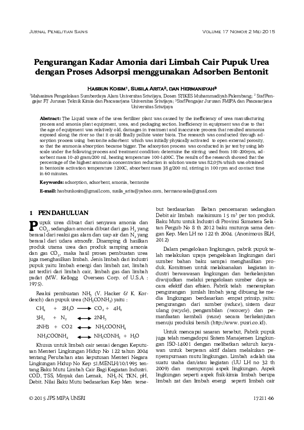 (PDF) Pengurangan Kadar Amonia dari Limbah Cair Pupuk Urea dengan Proses Adsorpsi menggunakan ...