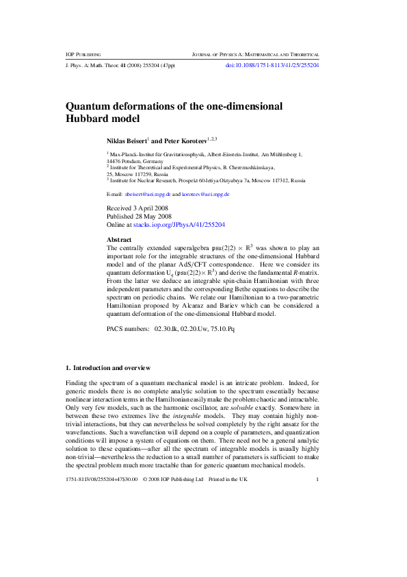 (PDF) Quantum deformations of the one-dimensional Hubbard model