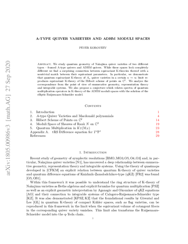 (PDF) A-type Quiver Varieties and ADHM Moduli Spaces