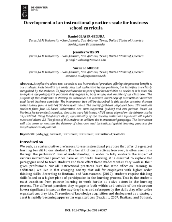 (PDF) Development of an instructional practices scale for business school curricula