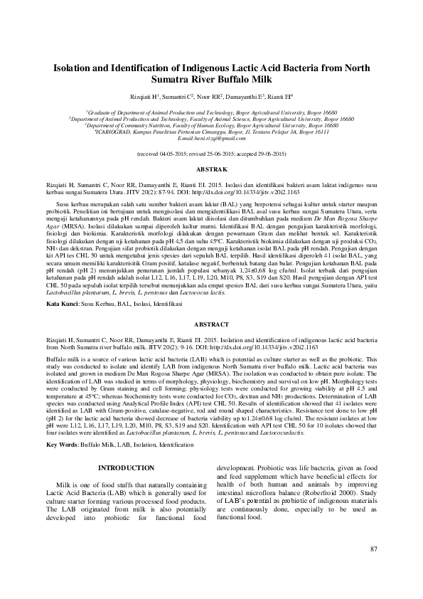 (PDF) Isolation and identification of indigenous lactic acid bacteria from North Sumatra river ...