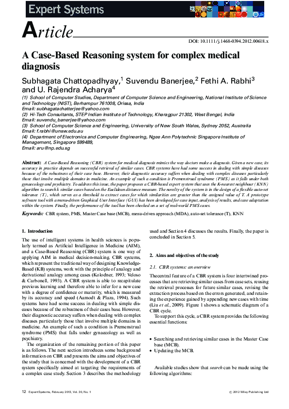 Pdf A Case Based Reasoning System For Complex Medical Diagnosis