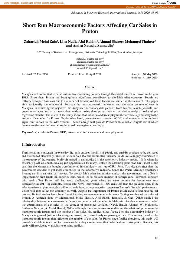 Pdf Short Run Macroeconomic Factors Affecting Car Sales In Proton