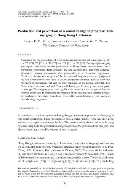 (PDF) Production and perception of a sound change in progress: Tone ...