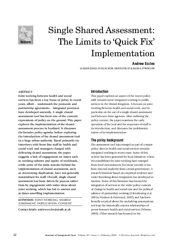 (PDF) Single Shared Assessment: The Limits to ‘Quick Fix’ Implementation