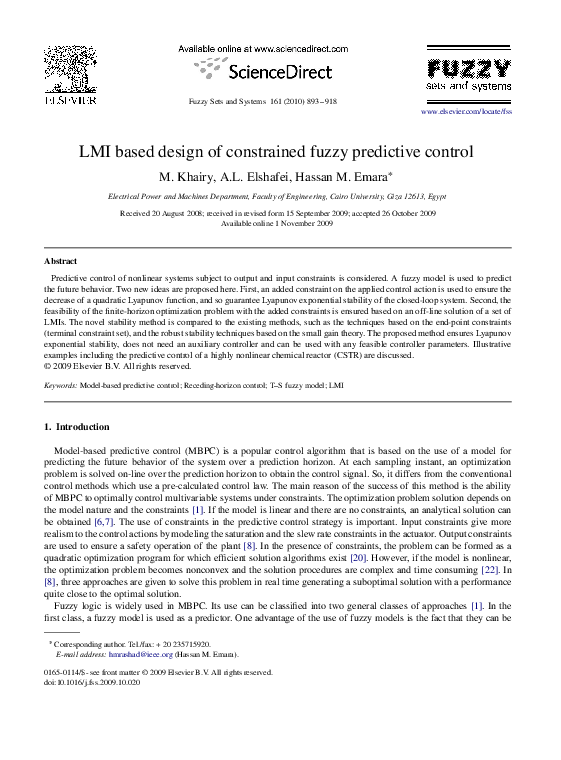 (PDF) LMI based design of constrained fuzzy predictive control
