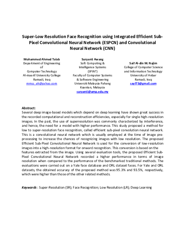 Pdf Super Low Resolution Face Recognition Using Integrated Efficient Sub Pixel Convolutional 3438