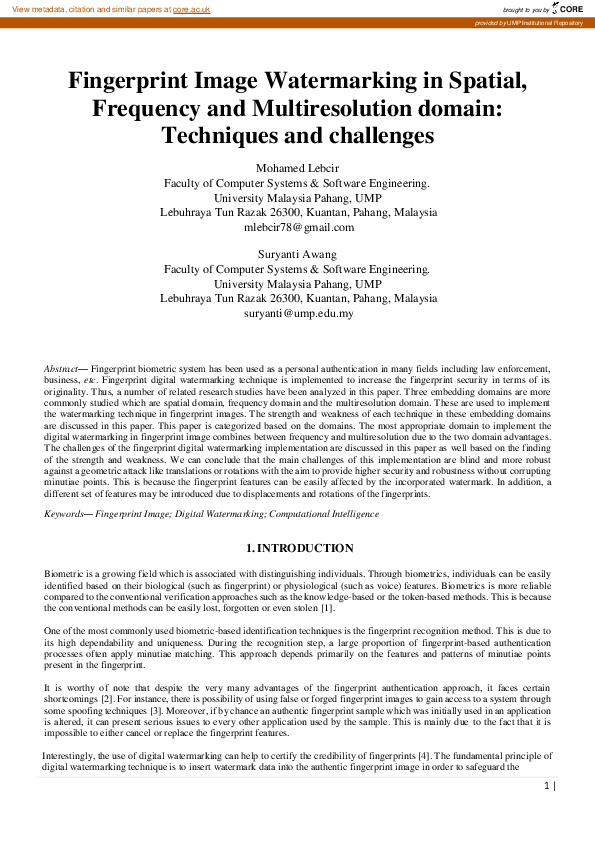 (PDF) Fingerprint image watermarking in spatial, frequency and multiresolution domain ...