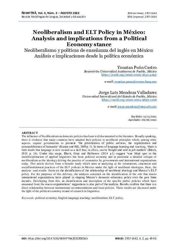 Neoliberalism and ELT Policy in México: Analysis and implications from ...