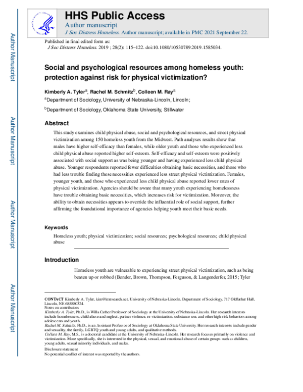 (PDF) Social and psychological resources among homeless youth ...