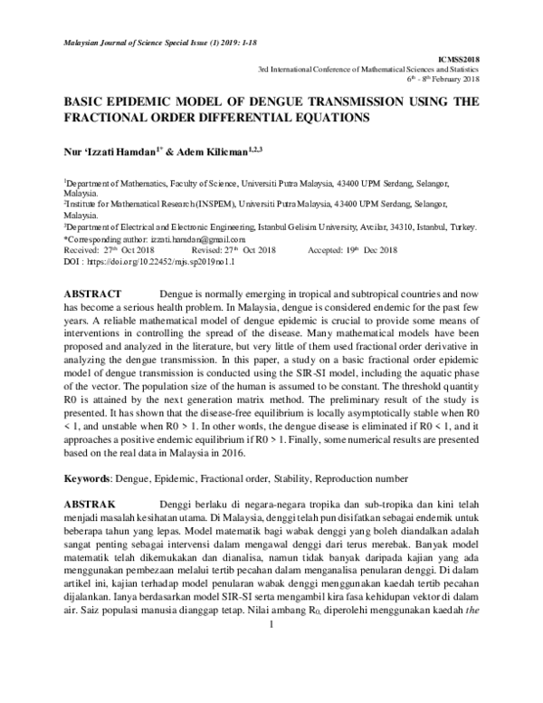 Pdf Basic Epidemic Model Of Dengue Transmission Using The Fractional