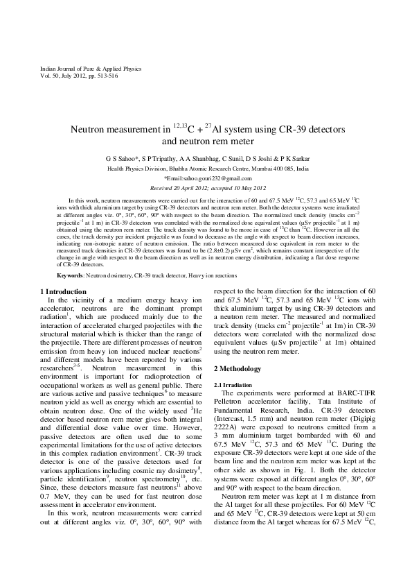 (PDF) Neutron measurement in(12, 13) C+(27) Al system using CR-39 detectors and neutron rem meter