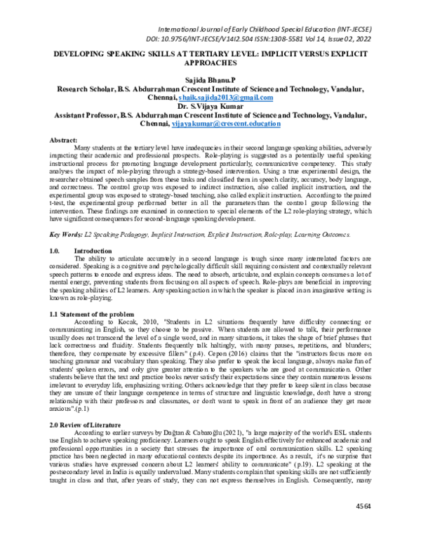 (PDF) DEVELOPING SPEAKING SKILLS AT TERTIARY LEVEL: IMPLICIT VERSUS ...