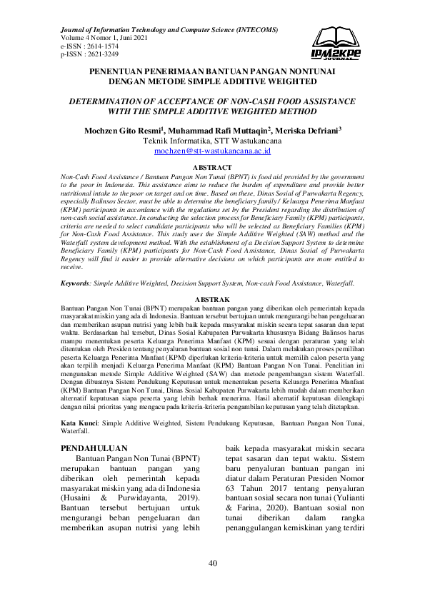 (PDF) Penentuan Penerimaan Bantuan Pangan Nontunai Dengan Metode Simple ...
