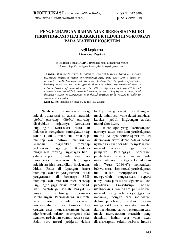 (PDF) Pengembangan Bahan Ajar Berbasis Inkuiri Terintegrasi Nilai Karakter Peduli Lingkungan ...