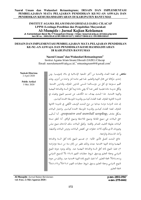 (PDF) Desain Dan Implementasi Pembelajaran Mata Pelajaran Pendidikan Ke-Nu-An Aswaja Dan ...