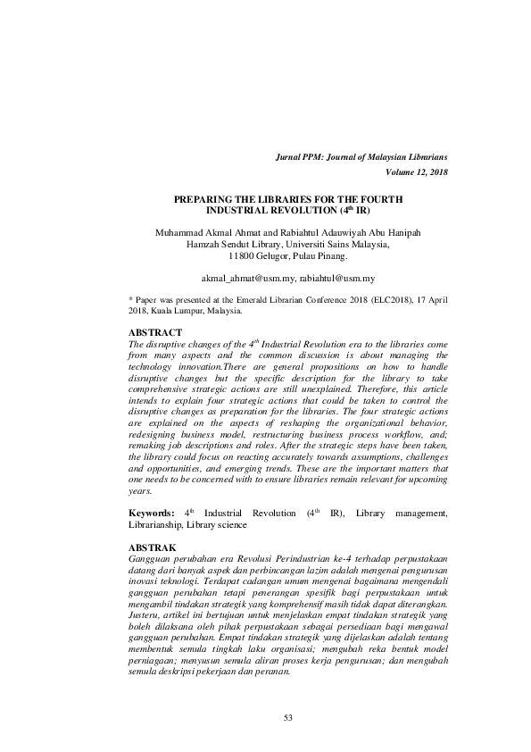 (PDF) Preparing the Libraries for the Fourth Industrial Revolution (4th IR)