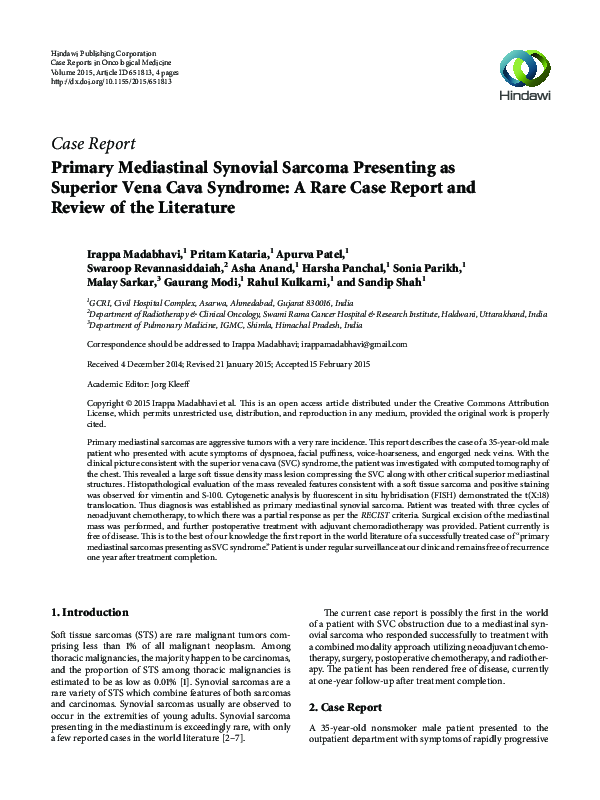 (PDF) Primary Mediastinal Synovial Sarcoma Presenting as Superior Vena Cava Syndrome: A Rare ...