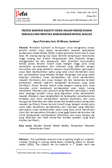 (PDF) Proses Berpikir Kreatif Siswa dalam Memecahkan Masalah Matematika Berdasarkan Model Wallas