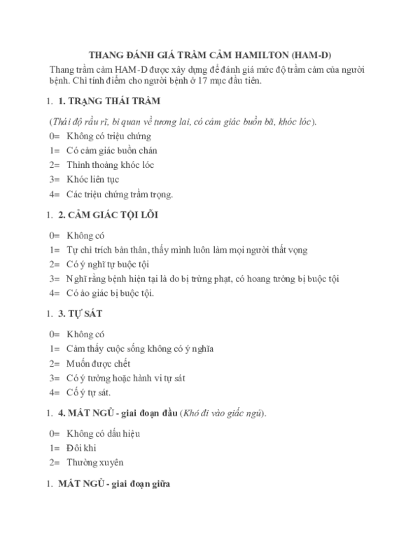 (PDF) THANG ĐÁNH GIÁ TRẦM CẢM HAMILTON (HAM-D) Thang trầm cảm HAM-D được xây dựng để đánh giá ...