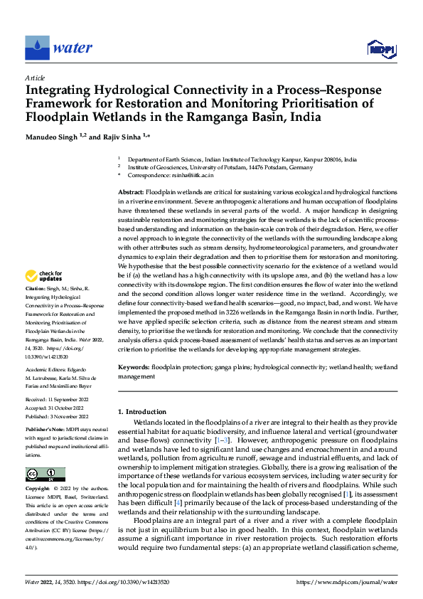(PDF) Integrating Hydrological Connectivity in a Process–Response Framework for Restoration and ...